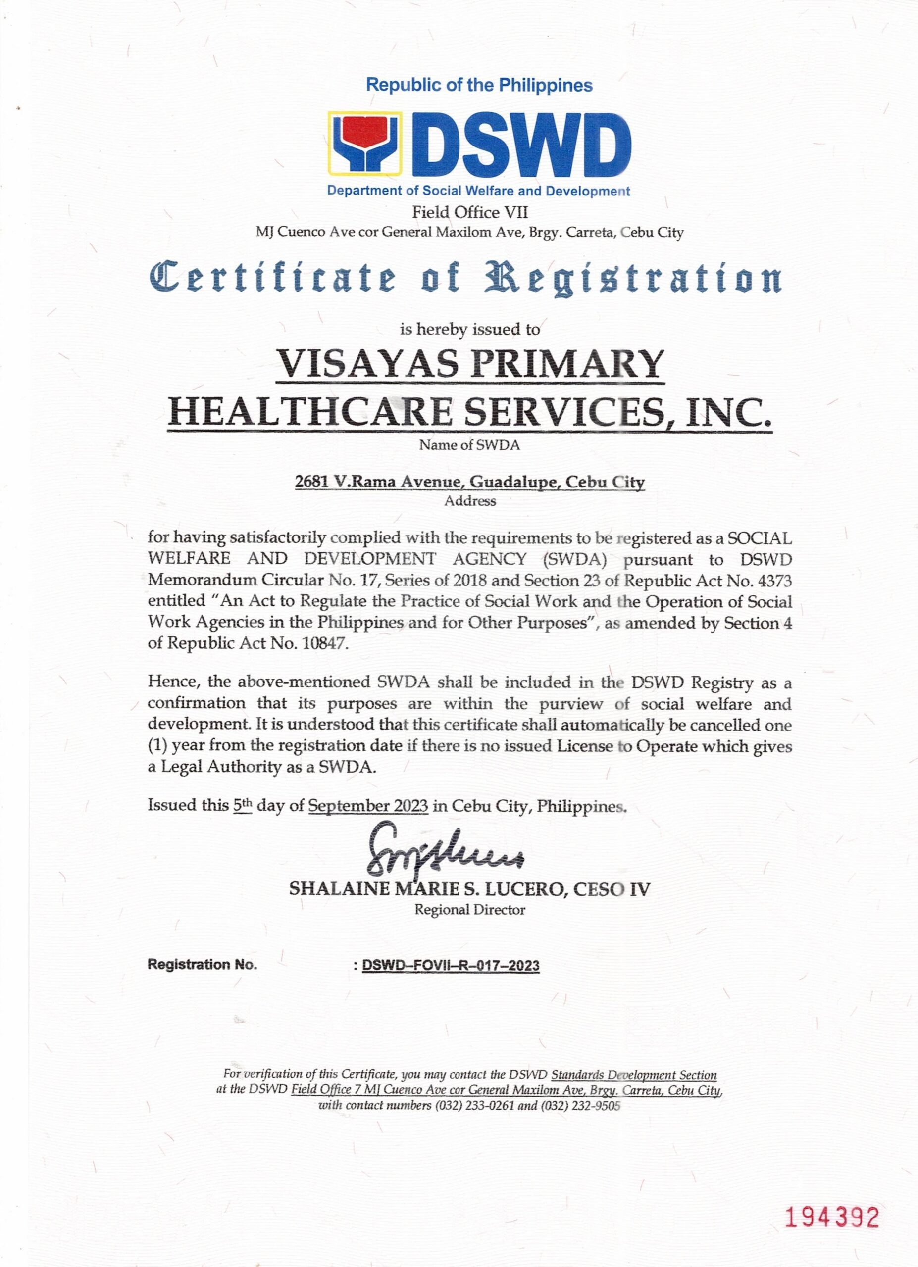 VPHCS receives DSWD Certificates - Visayas Primary Healthcare Services ...